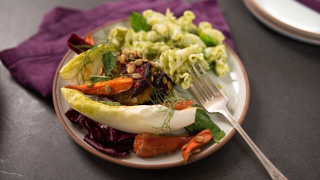 Watch Everyday Cooking Broccoli Pesto Pasta and Roasted Vegetable Salad ...